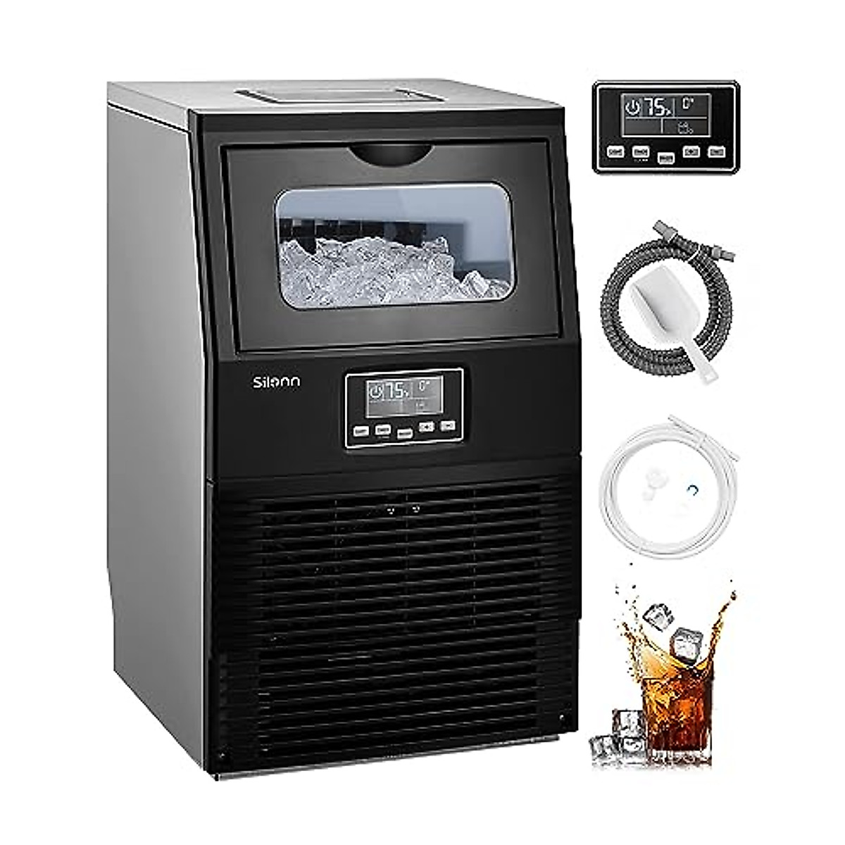 Silonn Commercial Ice Maker Machine, 90LBS/24H with 30lbs Bin, Full Heavy Duty Stainless Steel Construction, Self-Cleaning, Clear Cube for Home Bar, Include Scoop, Connection Hose