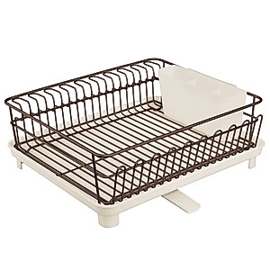 mDesign Metal Wire Kitchen Countertop, Sink Dish Drying Rack - Removable Plastic Cutlery Tray, Drainboard with Adjustable Swivel Spout - 3 Pieces - Bronze/Cream