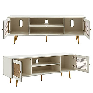 JYED DECOR Antique White Mid Century TV Stand with Metal Mesh Doors and Open Shelving, Media Console for TV up to 65 Inches, Entertainment Center for Living Room, Bedroom