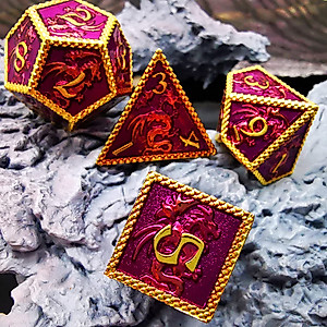 MJDICEOK Metal Dragon DND Dice Set 7 Role Playing Dice D&D Solid Dice Golden Purple