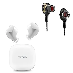 Tecno H2 True Wireless Earbuds Noise Cancelling,Wireless Bluetooth Headphone with Microphone& J2 Wired Earbuds with Microphone