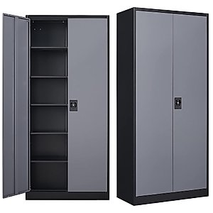 MIIIKO Metal Storage Cabinet with Locking Doors, Black Garage Lockable Steel Cabinets with 4 Doors and 5 Shelves for Home, Garage, Pantry Workshop Warehouse