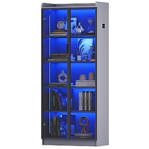 Storage Cabinet with Doors Adjustable Shelves - 65" Grey Tall Kitchen Pantry Organizer with Metal Handle/LED Lights/Human Sensor - 5 Tier Display Bookcase for Bedroom Living Room Office