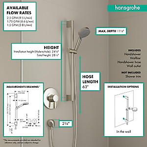 hansgrohe Vernis Blend 11-inch 3-Spray Handshower with Slide Bar and Hose, Rain, IntenseRain, Handheld Shower Head System in Chrome, 04969000, 2.5