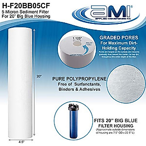 APPLIED MEMBRANES INC. 5 Micron Sediment Filter Replacement | 20" Whole House Sediment Filter | Depth Filter Removes Rust, Dirt, Sand, Silt, and Suspended Solids | H-F20BB05CF