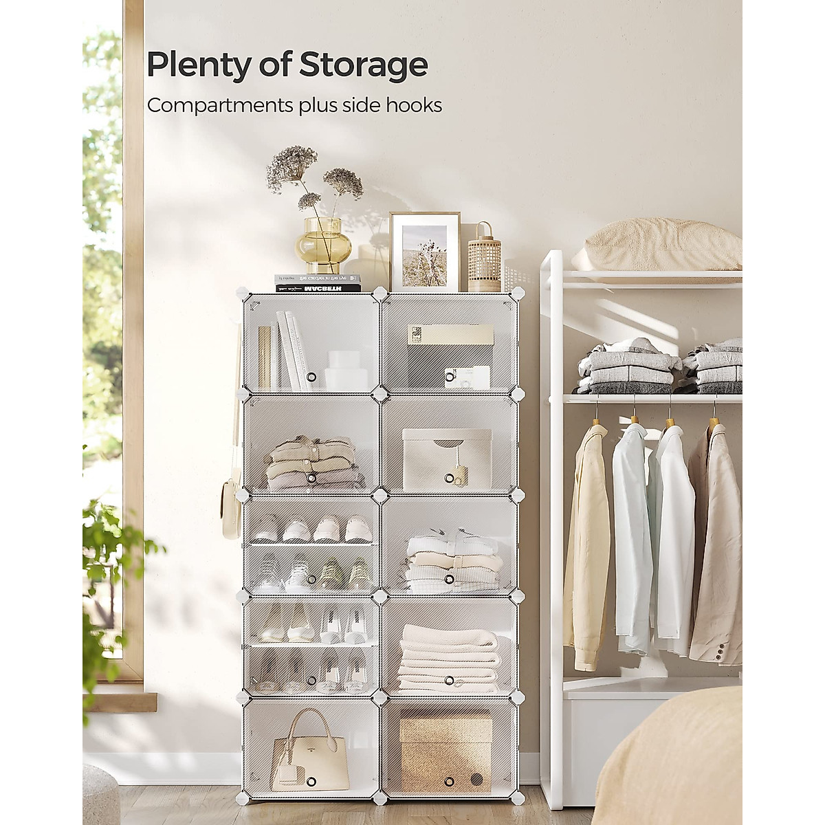 SONGMICS Shoe Rack, 10 Cubes Shoe Organizer with Doors, 40 Pair Plastic Shoe Storage Cabinet, for Bedroom, Entryway, Steel Frame, Plastic Panel, White ULPC035W01