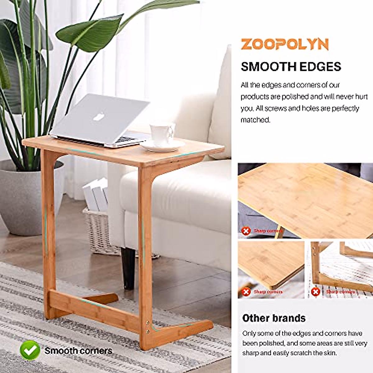 Zoopolyn Tv Tray Table Bamboo Tv Dinner Table C Shaped end Table for Sofa Couch Laptop Living Room Bedroom Natural