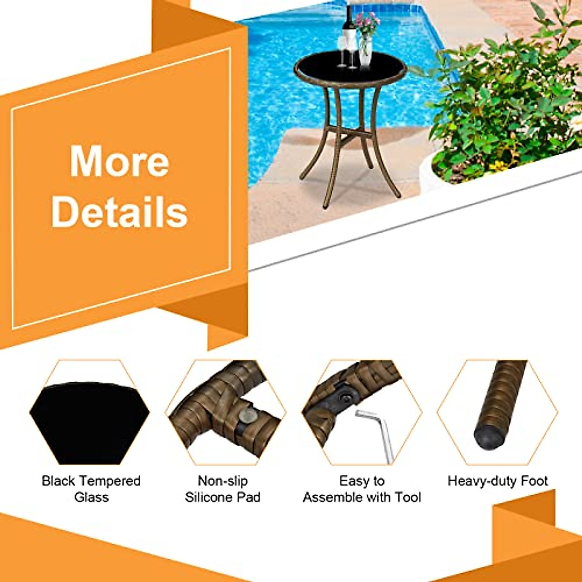 Patio PE Rattan Side Table, Outdoor Round Wicker Covered Edge with Tempered Glass Top, Rattan Iron Frame Table Coffee Dining Table for Lawn, Garden, Pool(Brown)