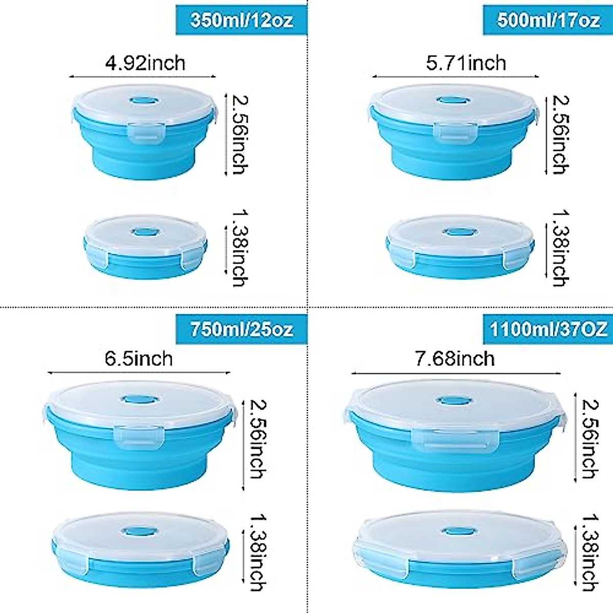 Zhehao Set of 8 Silicone Food Storage Containers Collapsible Storage Containers Collapsible Bowls with Lids Reusable Foldable Bento Lunch Box for Meal Prep Freezer Microwave, 4 Sizes (Blue)
