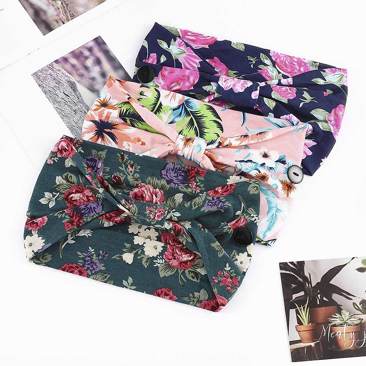 Bohend Boho Button Headband Wide Stretchy Daily Use Knotted Headwear Sport Athletic Yoga Gym Hair Accessories for Women and Girls(3pcs) (J)