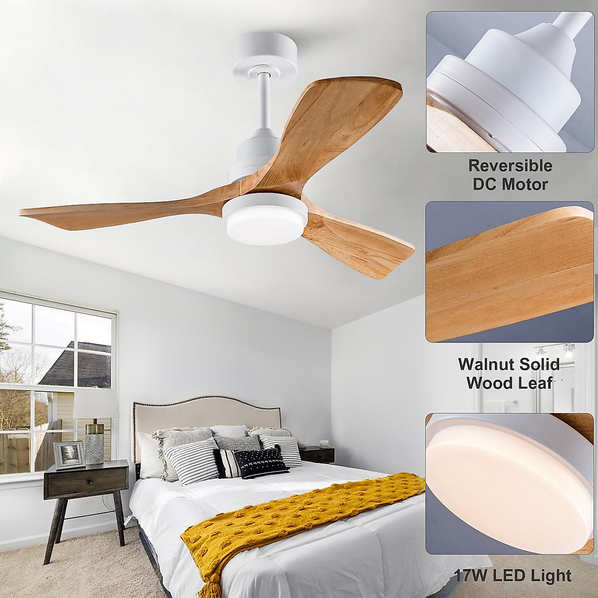 XINGSIYUELYX 42 Inch White Ceiling Fans with Lights and Remote, 3 Blades Wood Ceiling Fan with Light, Dimmable LED Light,Noiseless Reversible Motor, Indoor/Outdoor Fans for Patios Bedroom