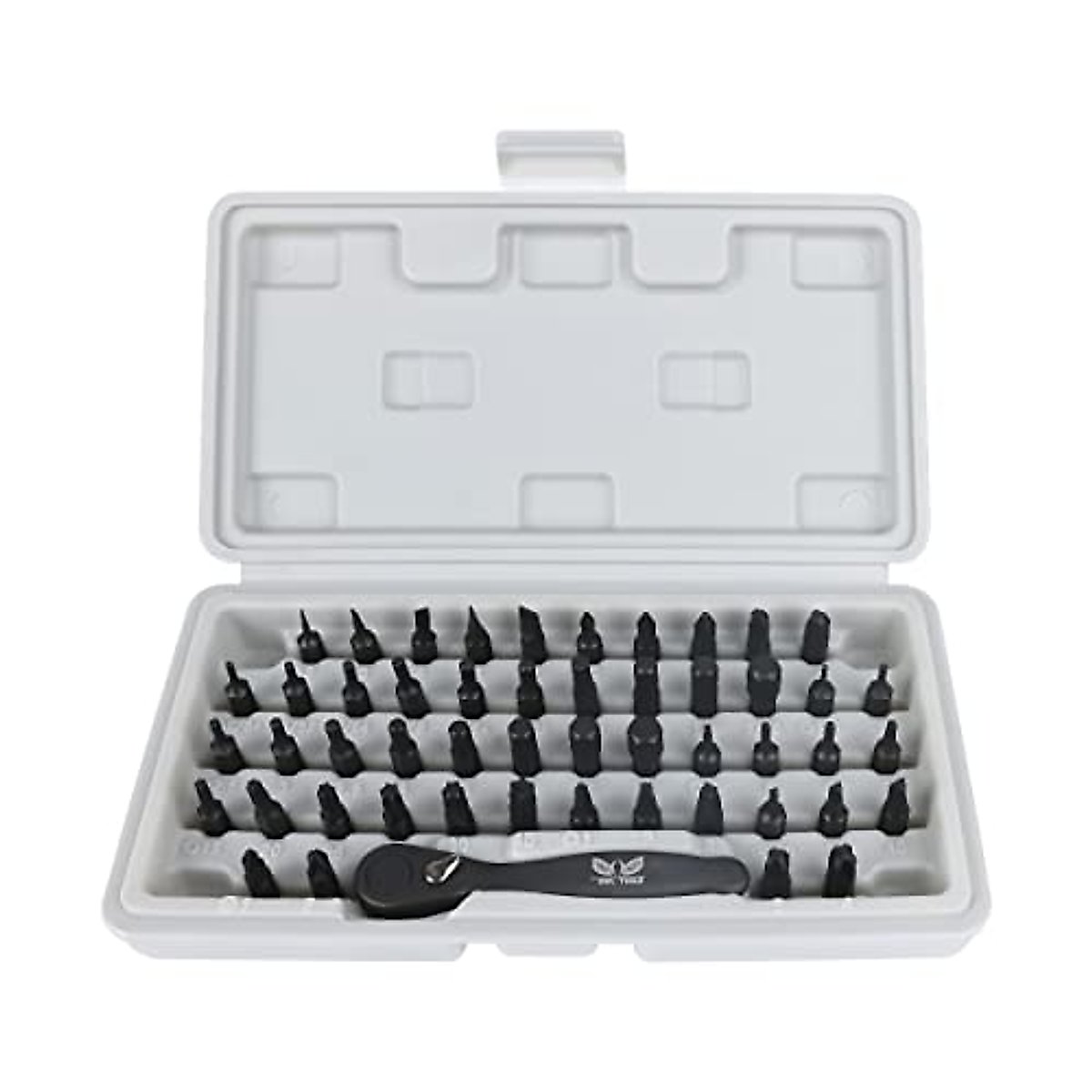 Low Profile Right Angle Ratcheting Screwdriver Set - Mini Ratchet Set Includes 50 Screwdriver Bits Included (Hex, Square, Pozidrive, Phillips, Torx Slotted, Triangle)