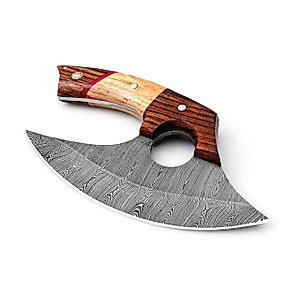Bushcraft Custom Handmade Damascus Steel Ulu Knife - Best Alaskan Damascus Ulu Knife With Sheath - Multi-Purpose Damascus Knives For Skinning, Hunting, Chopping, (Rose Wood & Olive)