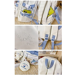 Aesthetic Backpack with Purse and Plushies Cute Kawaii Backpack with Accessories Japanese Backpack for School Teen Girls (Beige Light Blue)