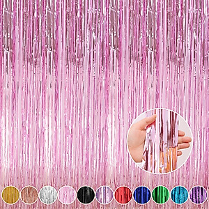 Crosize 4 Pack 3.3 x 8.2 ft Foil Fringe Curtains Party Decorations, Pink Tinsel Curtain Backdrop for Parties, Door Streamers, Glitter Streamer Fringe Backdrop for Birthday Decoration (Pink)