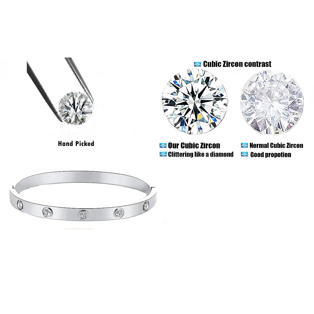 VPKJewelry Stainless Steel Present for Girls Womens Teen Jewelry Oval Bracelet Bangle Birthday gifts Silver White Yellow Gold Plated Cubic-Zircon stones free red nice box (White, 7.50)