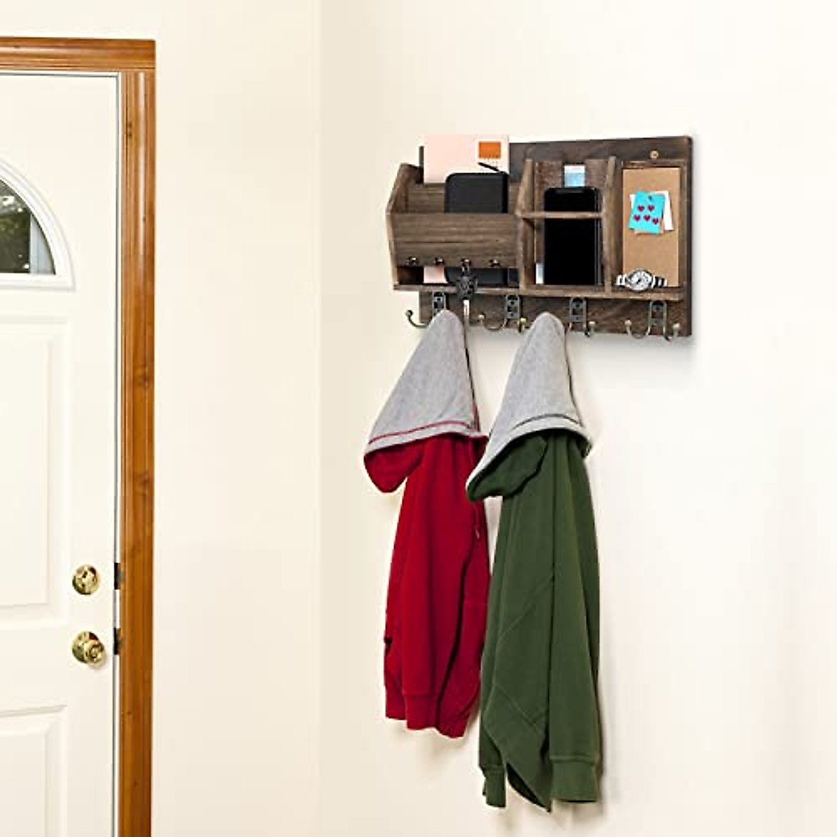 Wooden Key Holder for Wall, Mail Organizer Wall Mount with 4 Key Hooks, Wall Mounted Hanging Keys Rack with Sunglasses Storage, Rustic Home Decor for Entryway