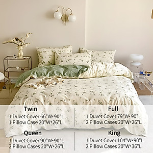 Rvciby Vintage Floral Duvet Cover Queen Size,100% Cotton Chic Shabby Beige Green Breathable Reversible Comforter Cover Set,3 Pieces,1 Duvet Cover with Zipper Closure & Corner Ties and 2 Pillow Shams