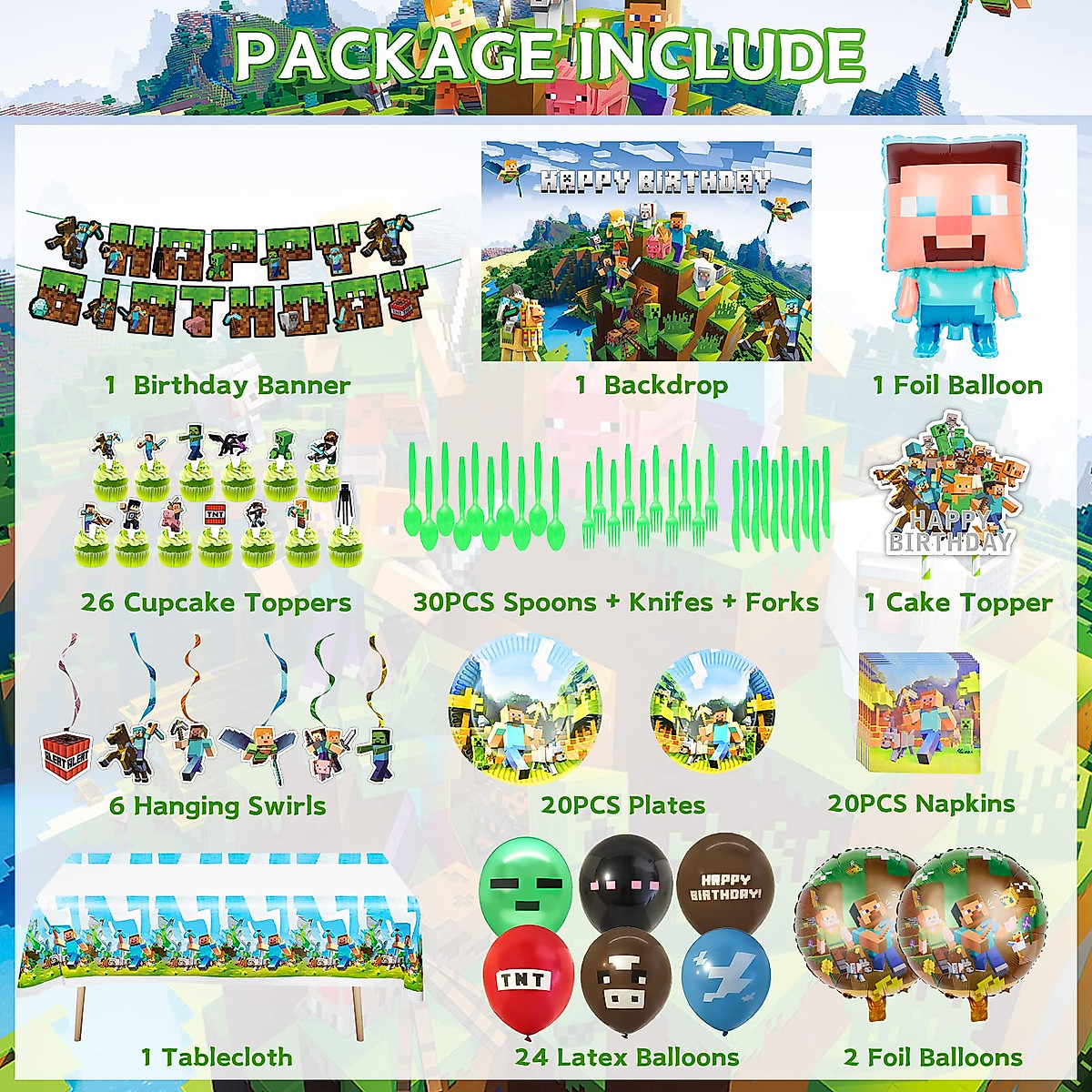 Birthday Party Supplies - 200pcs Party Decorations Include Banner, Tableware, Backdrop, Balloons, Cake Toppers, Hanging Swirls