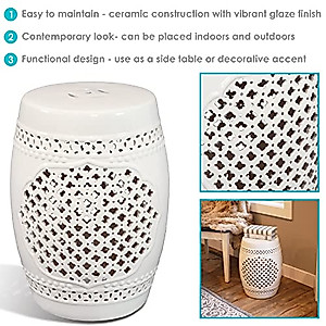 Sunnydaze Marrakesh Ceramic Garden Stool Side Table with Lattice Design - Indoor or Outdoor - 17.75-Inch H - White Glazed Finish