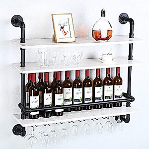 HAOVON Industrial Pipe Shelf Wine Rack Wall Mounted with 9 Stem Glass Holder,3-Tiers Rustic Floating Bar Shelves Wine Shelf,36in Real Wood Shelves Wall Shelf Unit,Pipe Shelving Glass Rack
