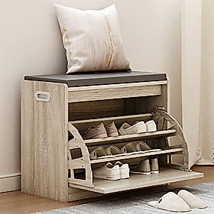 XRESLUCO Modern Shoe Storage Bench 3-Tier Shoe Rack with Padded Seat & Hidden Compartment Shoe Rack, Shoe Organizer for Entryway, Bedroom, Closet & Hallway, Entryway Bathroom (Oak)