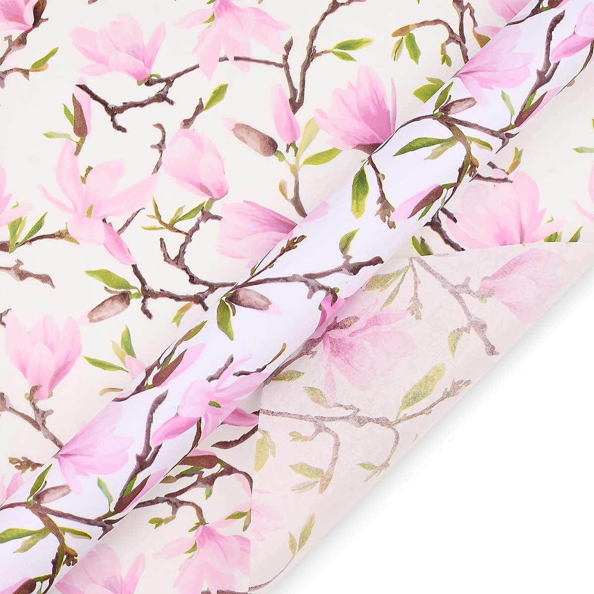 100 Sheets Pink Magnolia Flowers Printed Tissue Paper Floral Pattern and Leaves Art Decorative Tissue for Gift Wrapping Supplies
