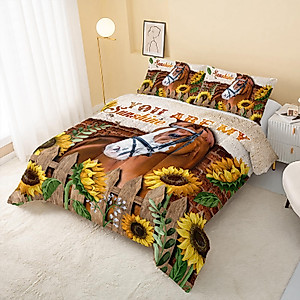 QOOMO Horse Soft Lightweight Bed Comforter Set Sunflower Kids Comforter Set Ranches 3D Quilt Set Bedroom Decoration Twin Size 1 Comforter Set 2 Pillowcases Lightweight Fluffy Down Duvet All Seasons