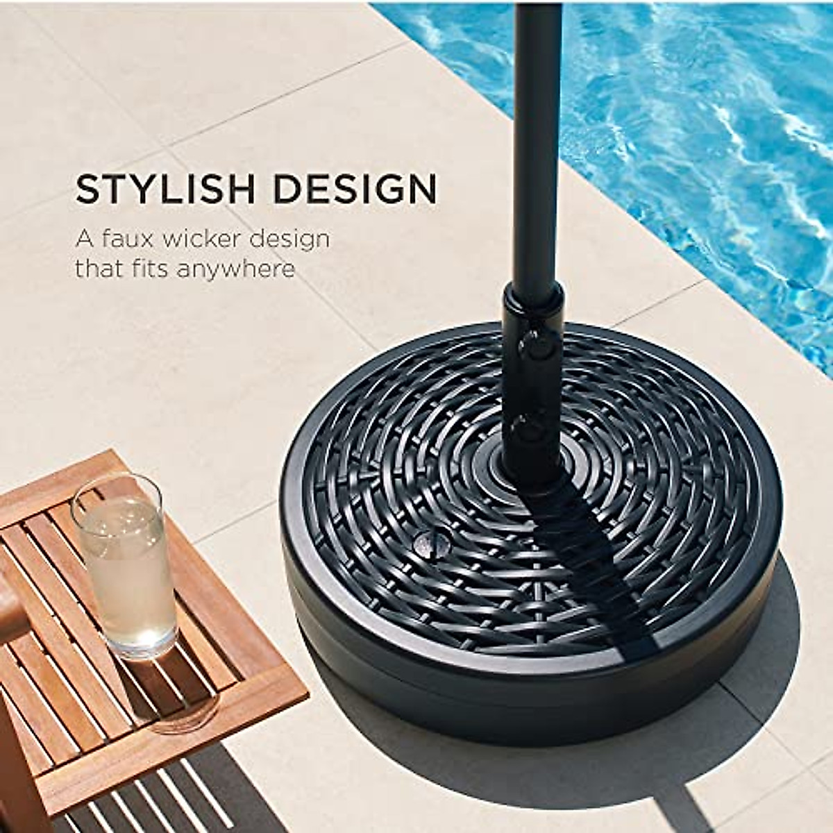 Best Choice Products Fillable Umbrella Base Stand, Round Faux Wicker Plastic Patio Umbrella Base Stand, Pole Holder for Outdoor, Lawn w/ 55lbs Weight Capacity, 2 Adjustment Knobs