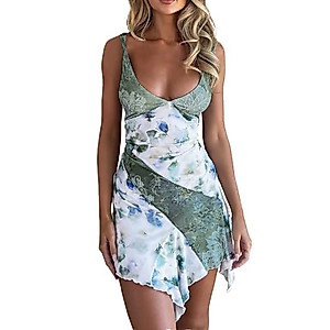ROAONOCOMO Women Y2K Floral Print Short Dresses Spaghetti Strap A-Line Dresses Retro Backless Sundress Sexy Party Dresses