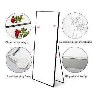 Black Full Length Floor Mirror with Stand for Bedroom and Bathroom Large Wall Hanging Mirror with Shatterproof for Living Room and Closet Aluminum Alloy Frame, Big Size, Free Standing, Gym Mirror