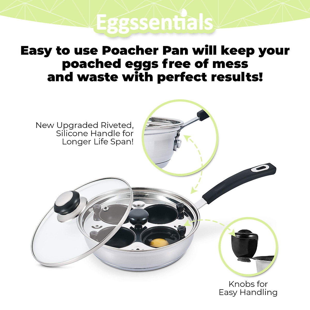 Eggssentials Egg Poacher Pan Nonstick Poached Egg Maker, Stainless Steel Egg Poaching Pan, Poached Eggs Cooker Food Grade Safe PFOA Free with Spatula