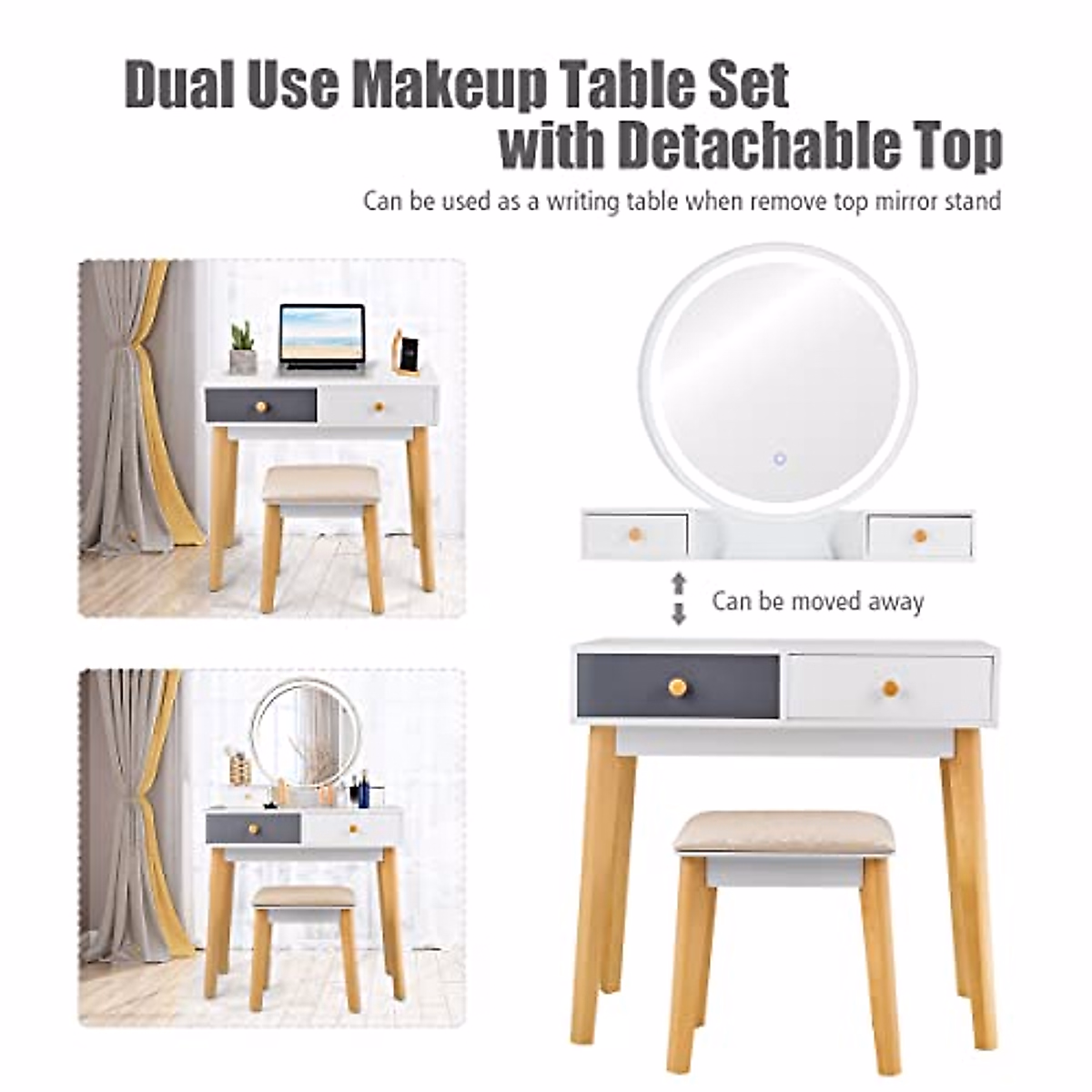 Vanity Set, Touch-Screen LED Round Mirror, Dressing Table with Cushioned Stool, 4 Storage Drawers &Spacious Desktop, 3 Adjustable Light Colors, Makeup Table and Stool Set for Women Girls, White + Gray