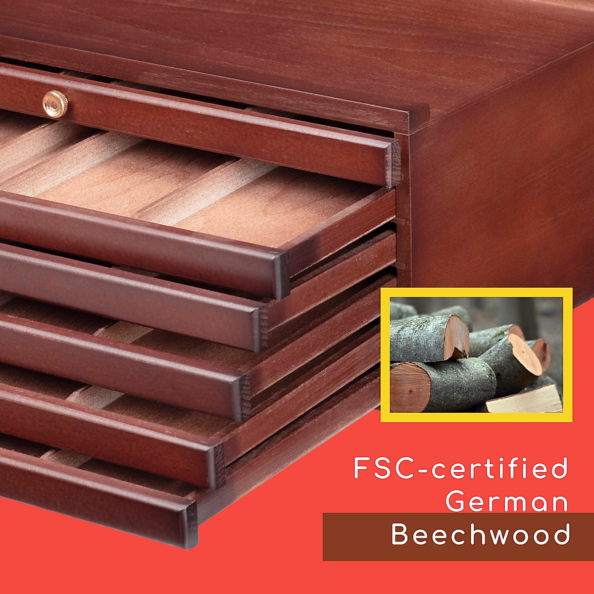 MEEDEN 6-Drawer Wood Artist Supply Storage Box, Portable Beechwood Multifunctional Pencil Brush Organizer Wood Box with Drawer&Compartments for Pastels, Pencils, Pens, Makeup Brushes(Mahogany Color)