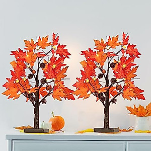 YEAHOME Fall Decorations for Home, 2 Pack 24”/2FT Lighted Fall Maple Leaves Tree with Warm White LEDs Autumn Decor, Pumpkin Lampshade, Pine Cone, Acorn Ornaments Battery Powered Timer for Thanksgiving