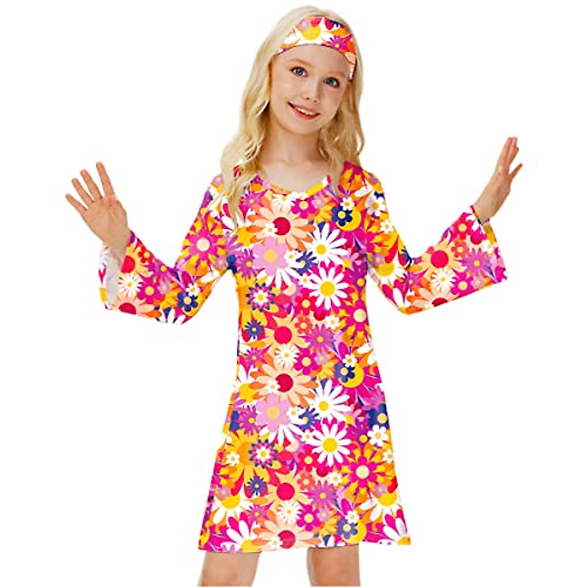 60s Dress 70s Hippie Halloween Pink Floral Long Sleeve Gogo Dresses Pink 7-8 Years