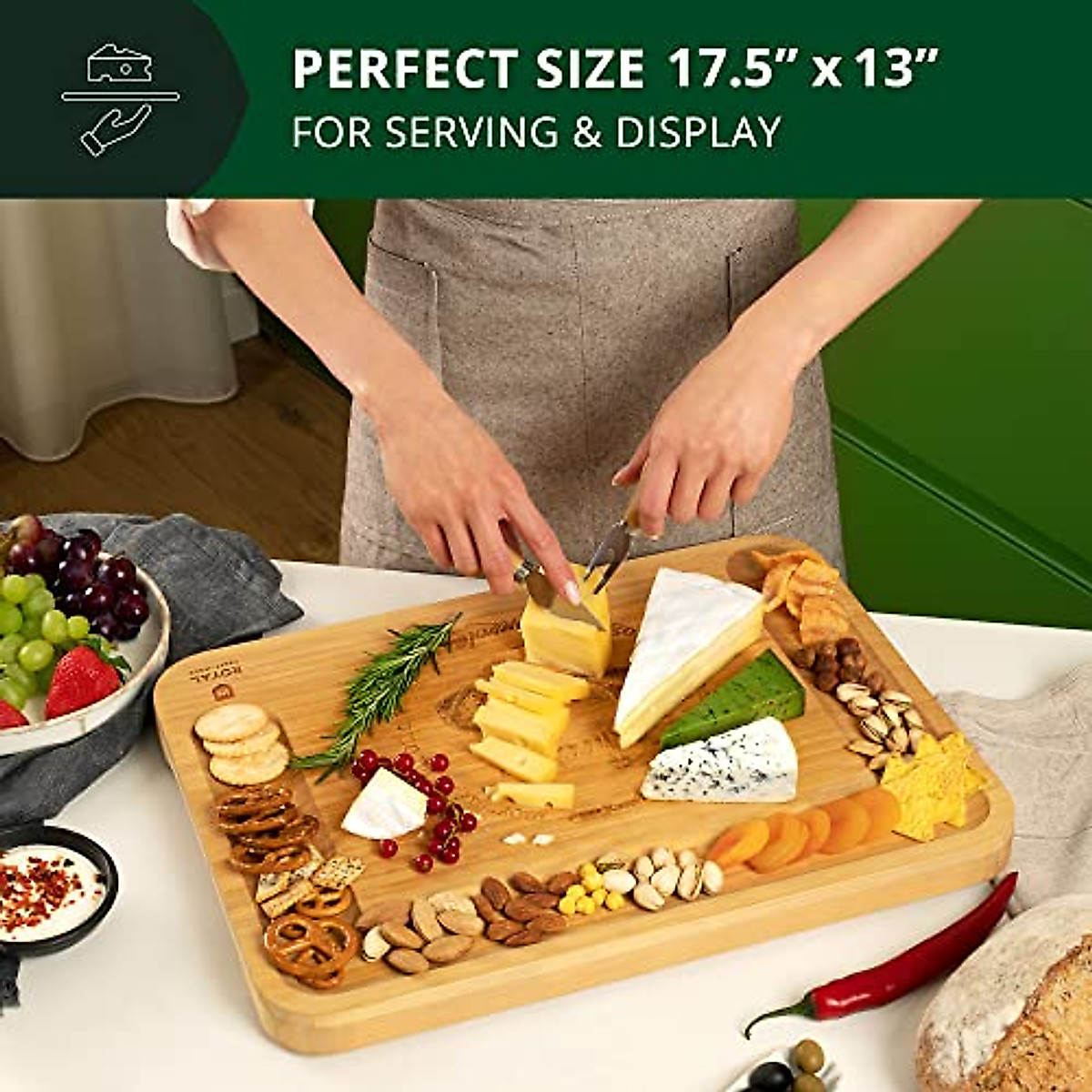 ROYAL CRAFT WOOD Extra Large Cheese Board - Bamboo Cheese Board and Knife Set - Bread & Butter Plates, Charcuterie Platter & Serving Tray, Wedding Gifts (17.5" x 13")