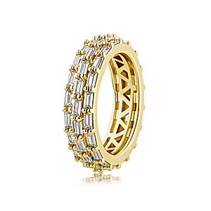 TOPGRILLZ 3 Rows Baguette Wedding Band Ring for Women 18K Gold Plated Diamond 4 Prong Setting Engagement Eternity Gifts (Gold, 11)