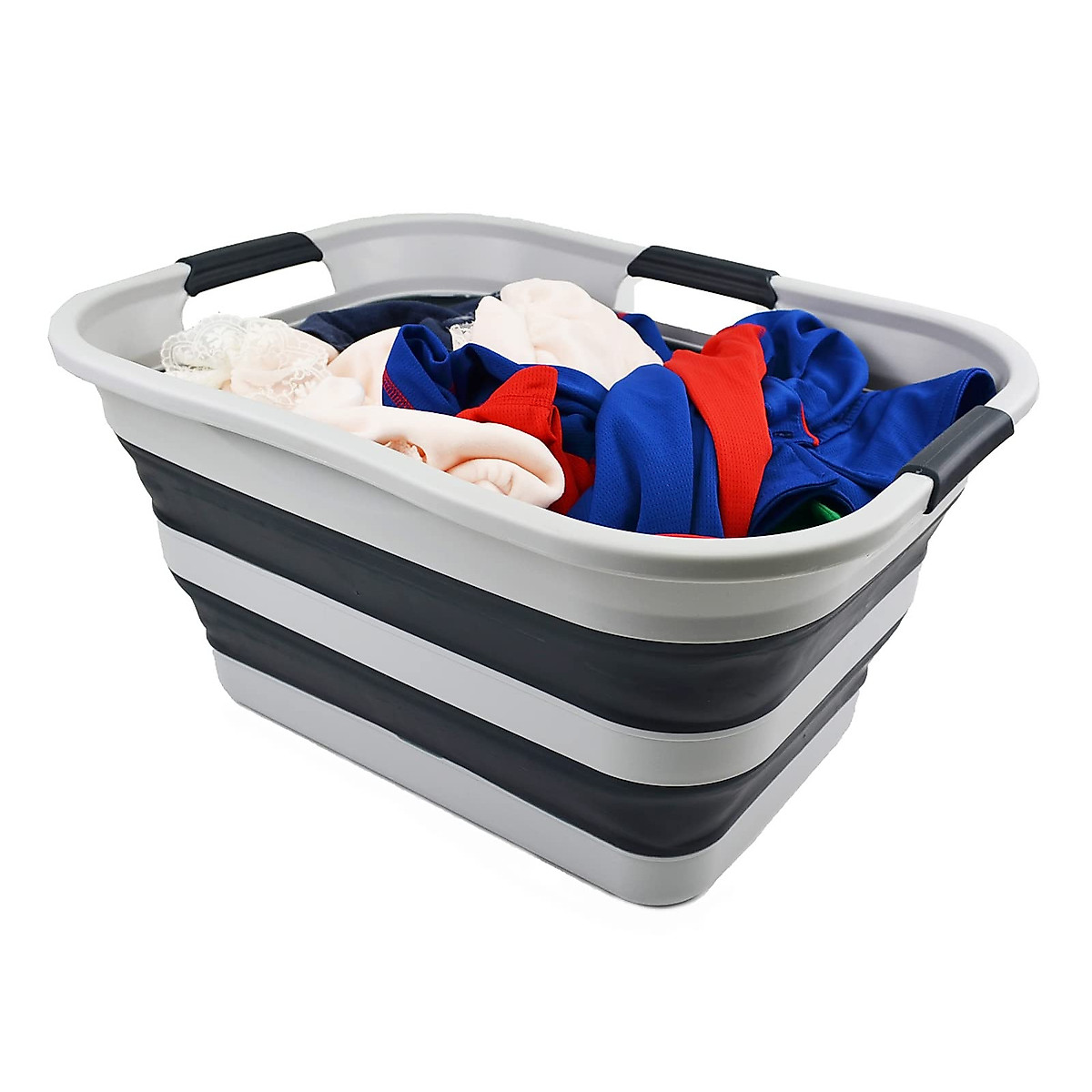 SAMMART 30L(8 gallon) Collapsible Plastic Laundry Basket - Foldable Pop Up Storage Container/Organizer - Space Saving Hamper/Basket - Water Capacity 24L(6.3 gallon) (1, Grey/Slate Grey)