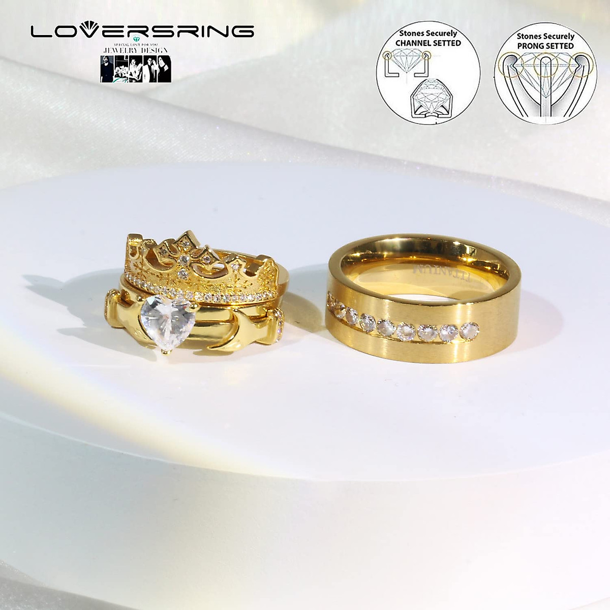 Wedding Ring Set Couples Rings Crown Claddagh ring Yellow Gold Plated Heart White Cz Titanium band