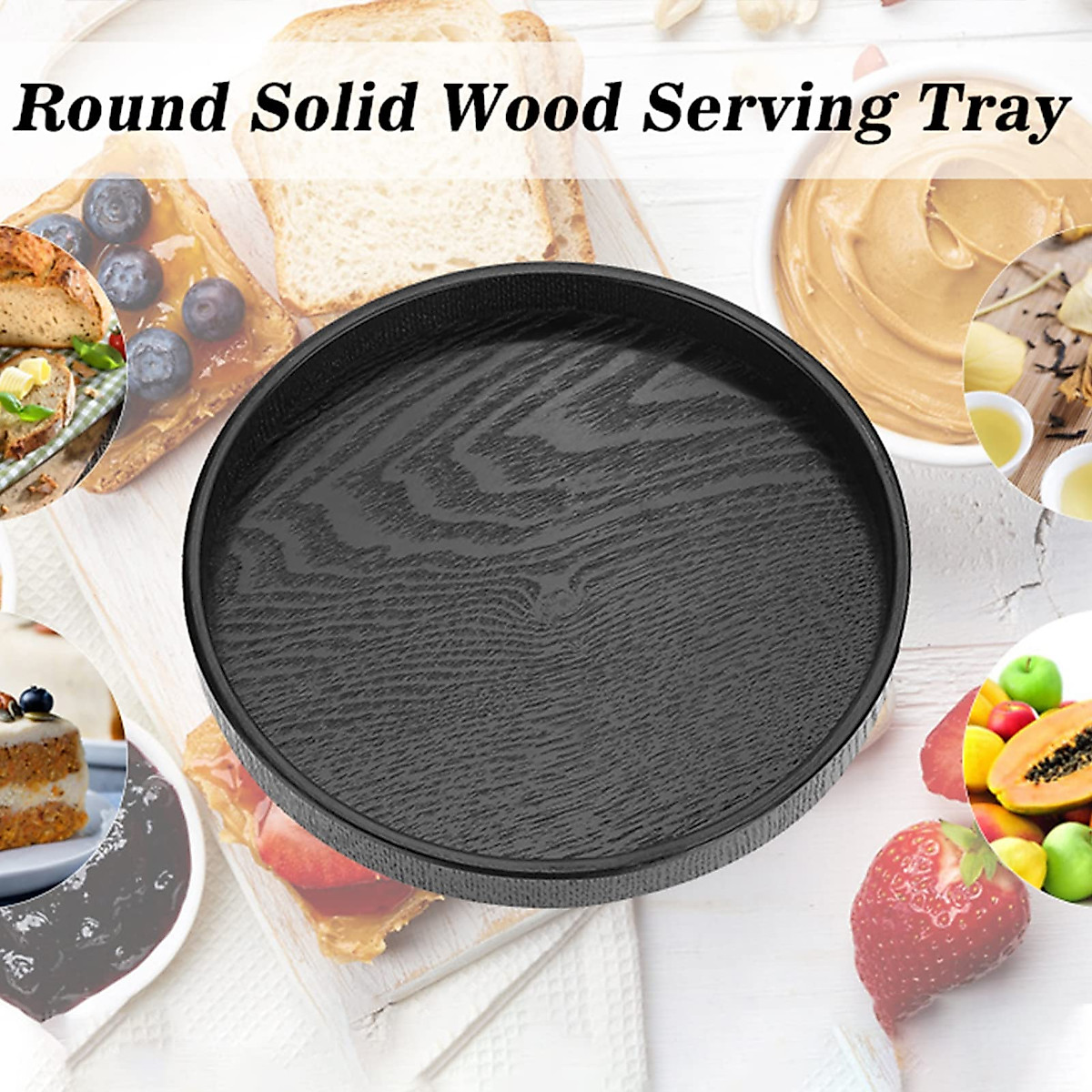 Round Natural Wooden Tray Black Coffee Snack Food Meals Transfer Tray Table Decor Tray Multipurpose Serving Tray for Cafe Restaurant Hotel Home Shop (L 27cm)