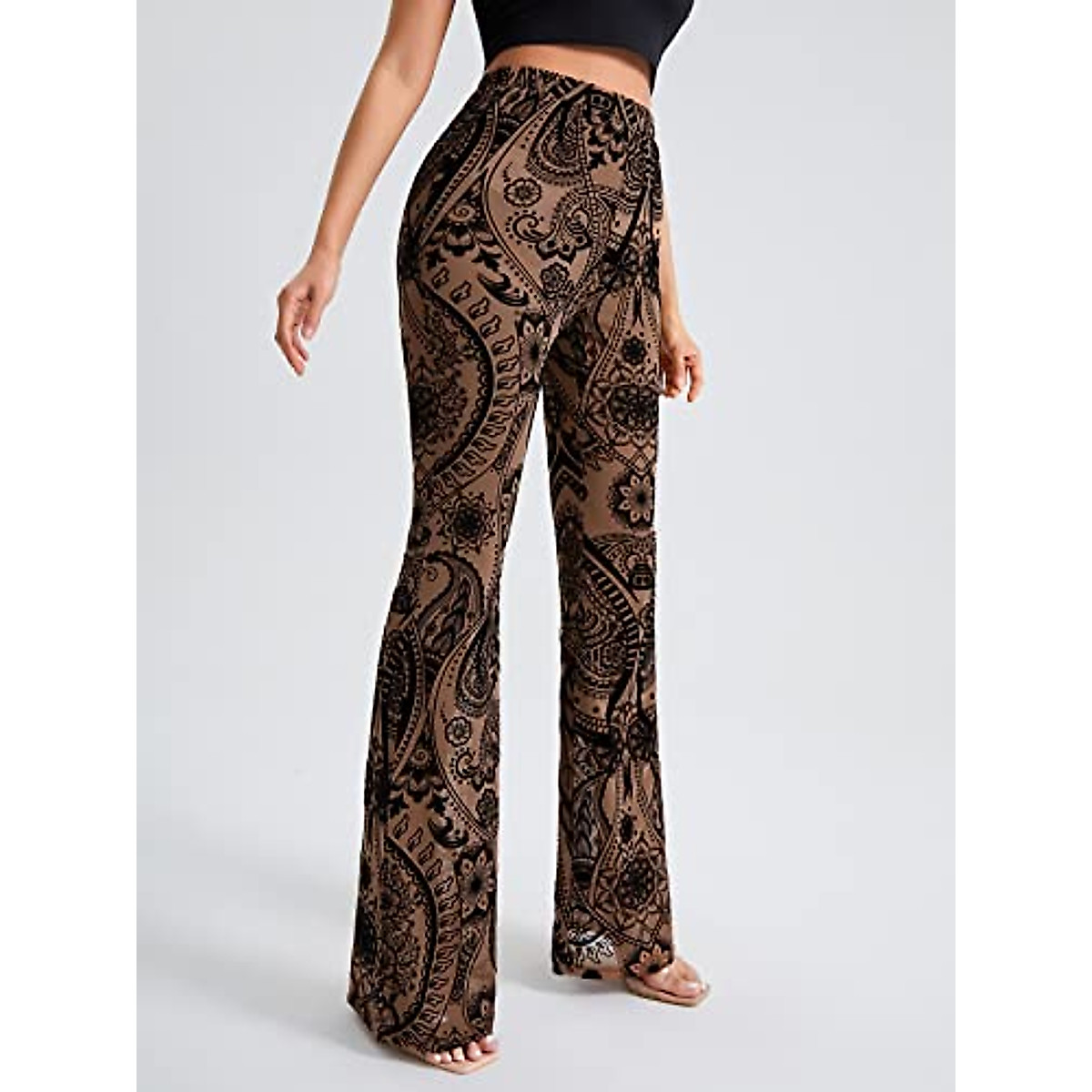 OYOANGLE Women's Bootcut High Waisted Yoga Pants Floral Print Wide Leg Pants Trousers Brown Floral L