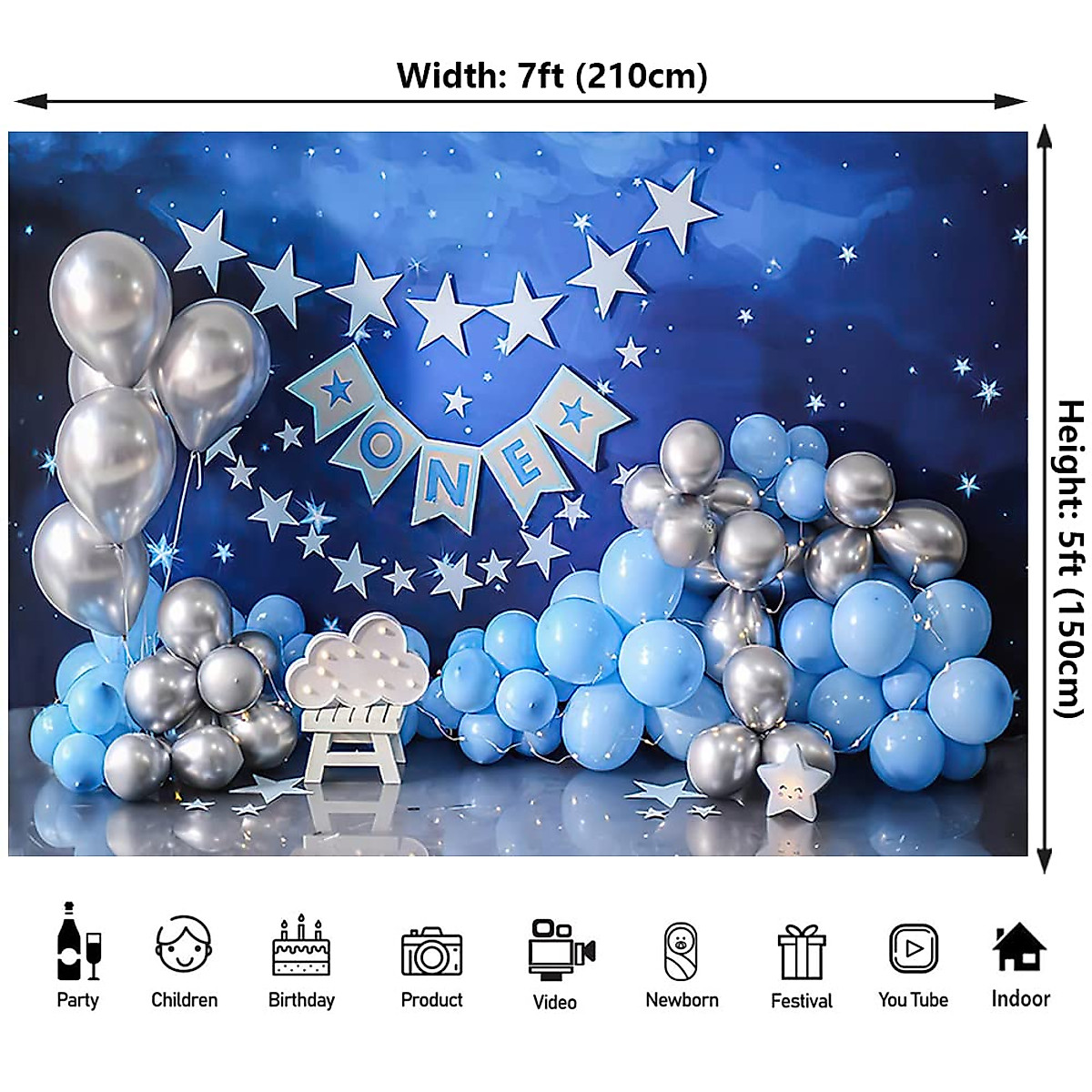 Blue Sky Twinkling Stars Balloons Boys 1st Birthday Party One Years Old Cake Smash Decor Backdrop for Home Party Banner Photo Studio,7x5ft