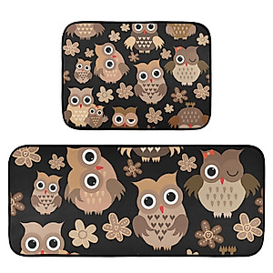 Kigai Kitchen Rugs 2 Piece Waterproof Non Slip Kitchen Mat Cute Owl Kitchen Rug Set for Sink Office Kitchen Cafe, 19.7"x47.2"+19.7"x27.6"