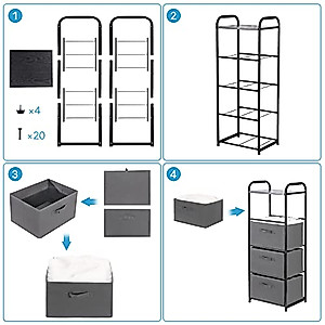 MAX Houser 4 Drawer Fabric Dresser Tall Storage Tower, Dresser Chest with Wood Top, Vertical Nightstand Side Organizer Unit with Metal Frame for Closets Bedroom Nursery Room Hallway(Leaden)