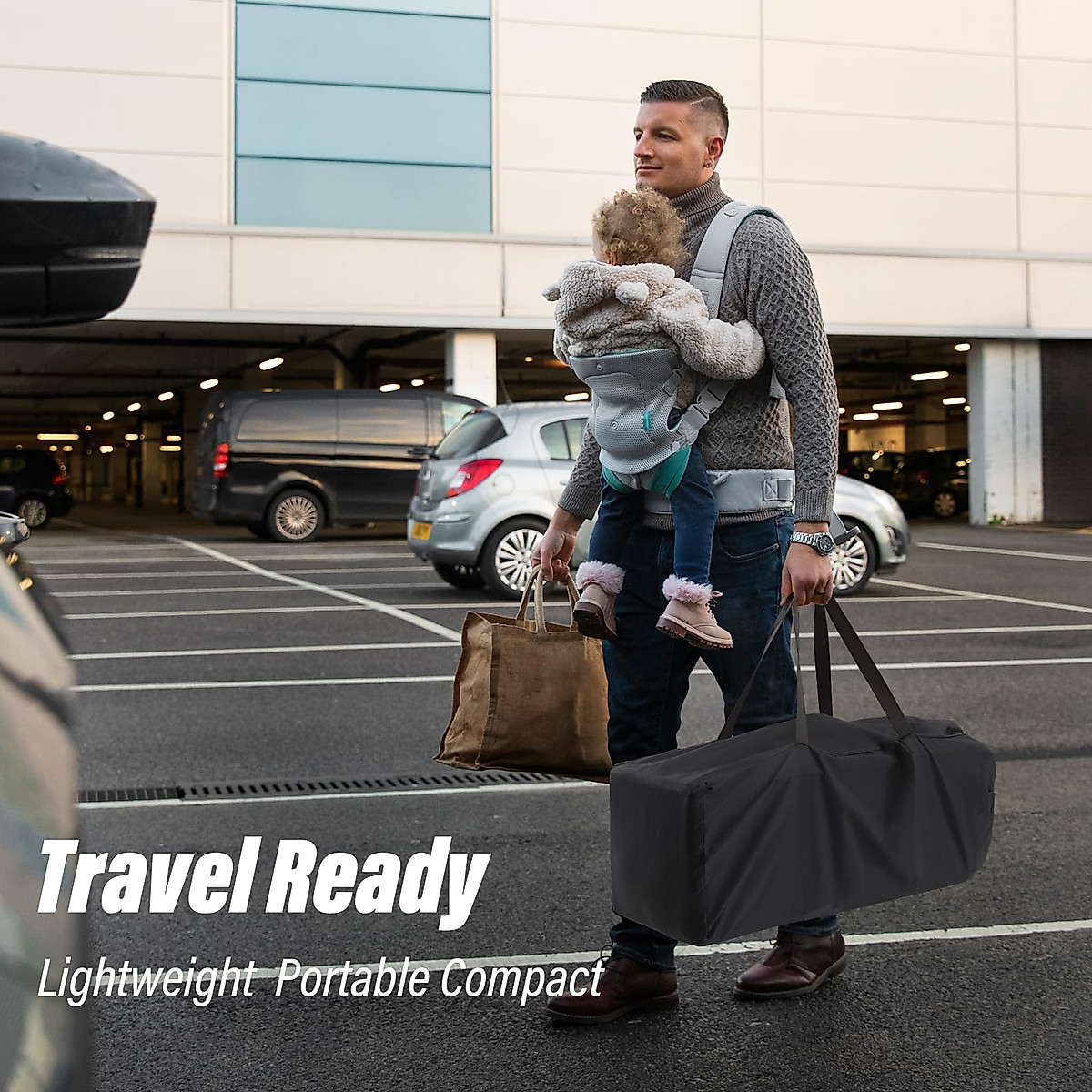 Travel Crib,3 in 1 Portable Crib for Baby, Lightweight Pack and Play for Babies and Toddler, Foldable Travel Baby Playpen with Comfortable Mattress and Carry Bag(Dark Grey)