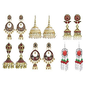 6 Pairs Indian Jhumka Jhumki Ethnic Dangle Earring Sets for Women Vintage Silver Gold Long Tassel Bell Drop Earrings Boho Jewelry (C)