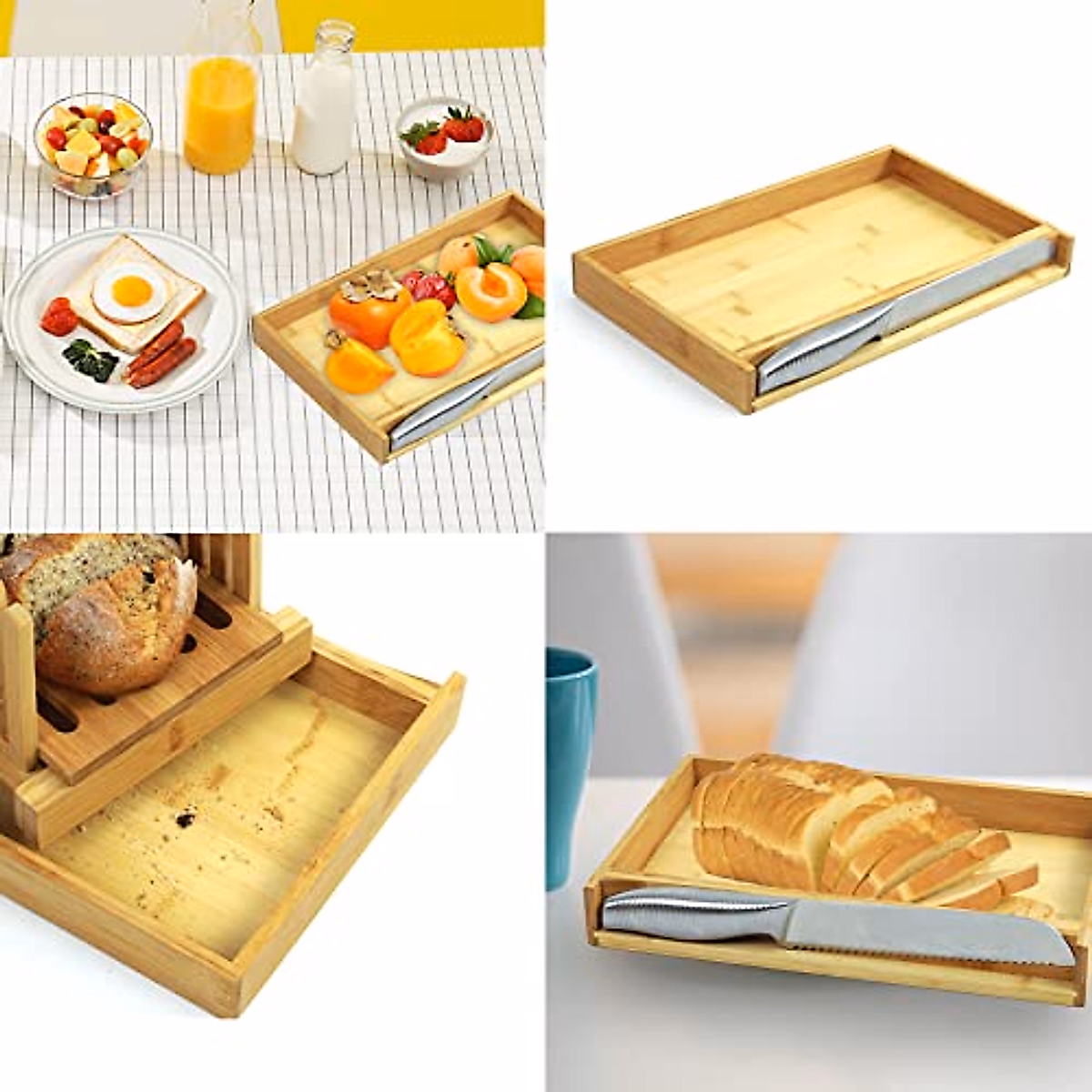 PURENJOY Bread Slicer For Homemade Bread Bamboo Bread Slicing Guide With Knife Adjustable 3 Thickness Size Foldable Bread Cutterwith Crumb Tray (13.7x8.7)