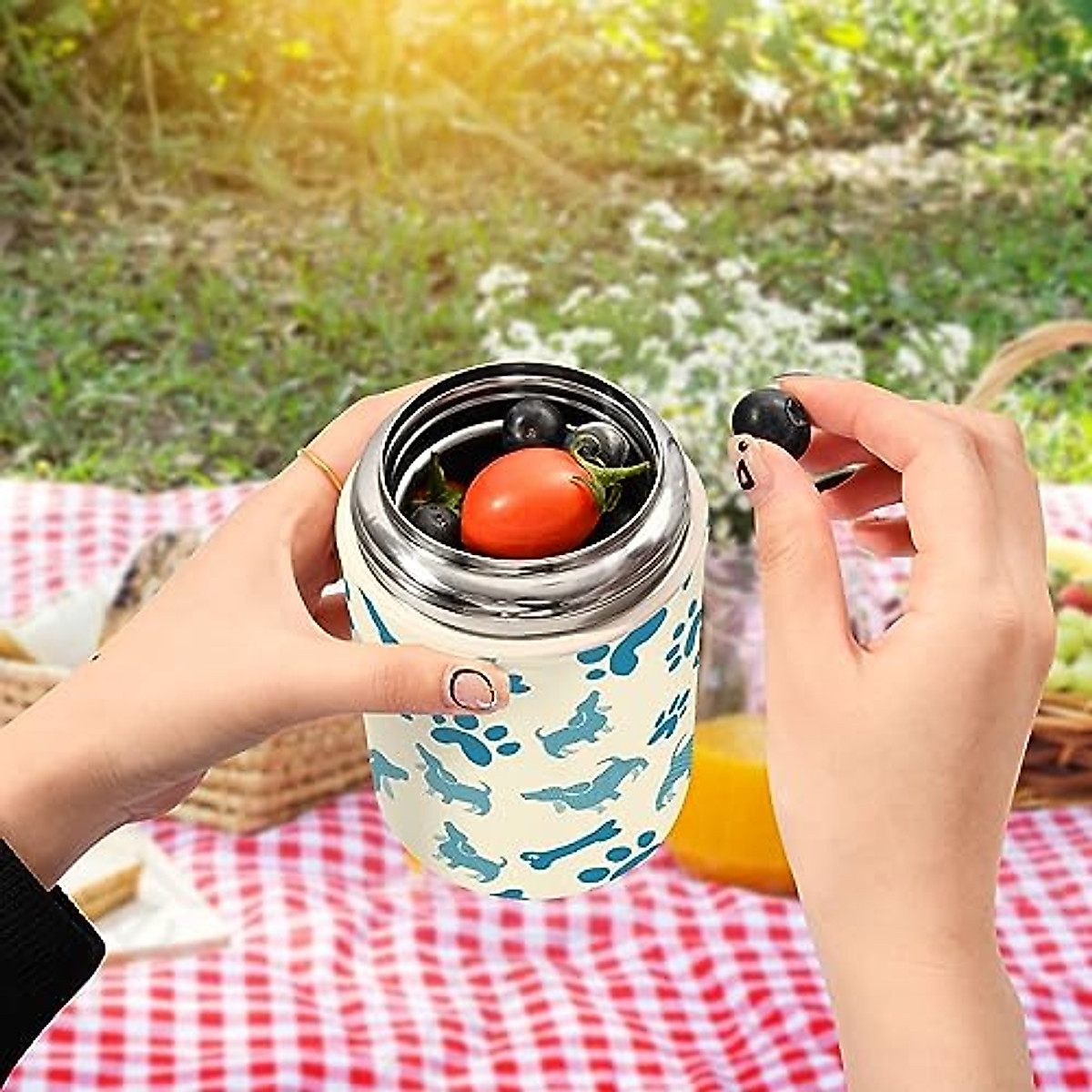 CUPADA Cute Dachshund Puppy Food Jar for Hot and Cold, Paw Prints Bones Insulated Food Jars Vacuum 17OZ with Folding Spoon for Work Trip Picnic Camping
