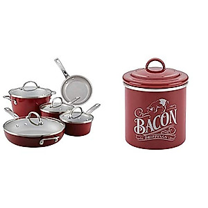 Ayesha Curry Home Collection Nonstick Cookware Pots and Pans Set, 9 Piece, Sienna Red & Ayesha Curry Enamel on Steel Bacon Grease Can/Bacon Grease Container - 4 Inch, Red